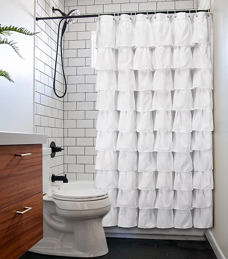 Volens White Shower Curtain Fabric/Ruffle for Bathroom,70in Long