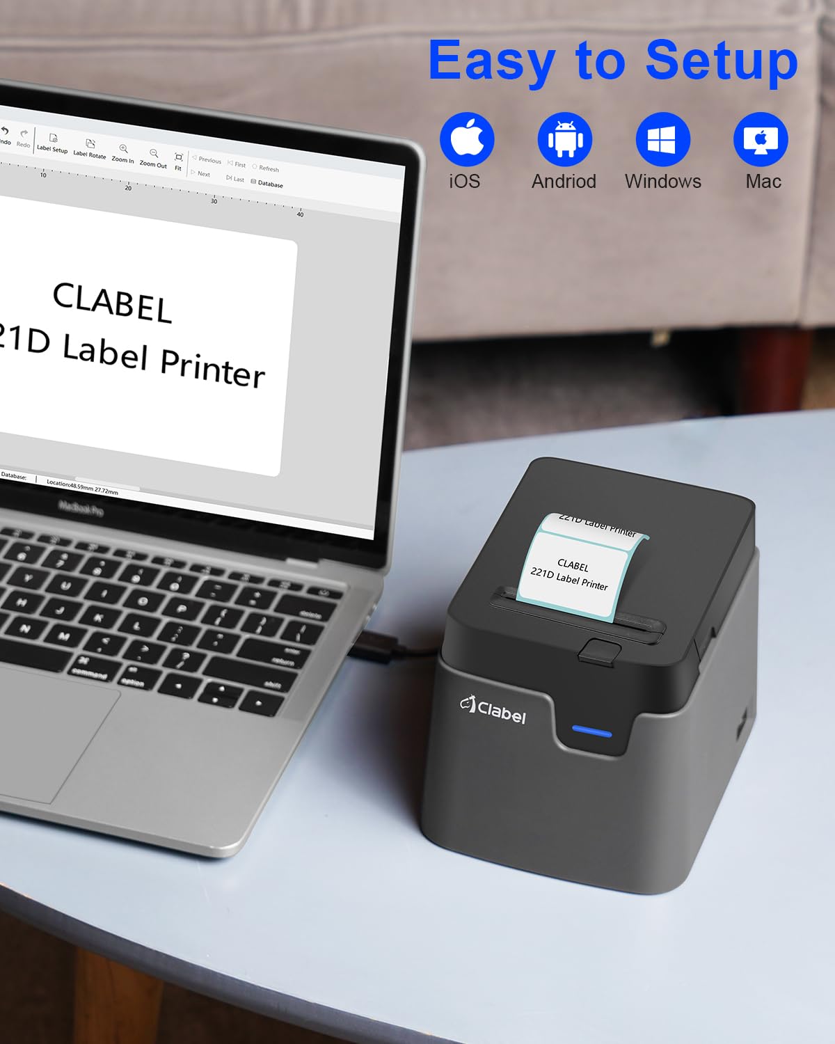 CLABEL 221D Bluetooth Barcode Label Printer: 2 Inch Desktop Label Maker Thermal Barcodes Printer for Address Shipping Warehouse with 1 Roll 40x30mm Label