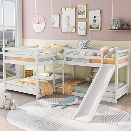 L Shaped Bunk Bed for 4, Wooden Quad Bunk Bed with Slide, Full Over Full Bunk Bed with Twin Over Twin Bunk Bed Attached for Kids Girls Boys - White
