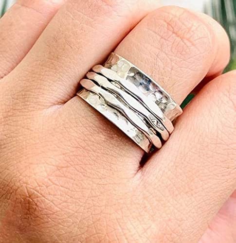 Spinner Ring Silver For Women Girls, 925 Sterling Silver Spinner Ring, Spin Ring, Three Tone Fidget Band Spinner Ring, Classic Hammered Meditaion Spinner Ring, Christmas Spinner Ring Size us 12