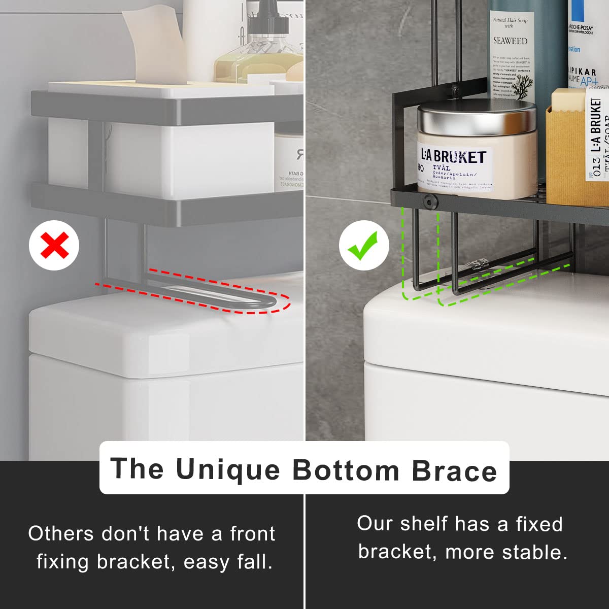 FLOLXNB 2 Tier Bathroom Storage Shelf, Wooden Toilet Shelf Organizer, Over The Toilet Storage Shelf,Toilet Storage Rack with Paper Holder and Hooks, No Drilling Wall Mounted Storage Rack, Black
