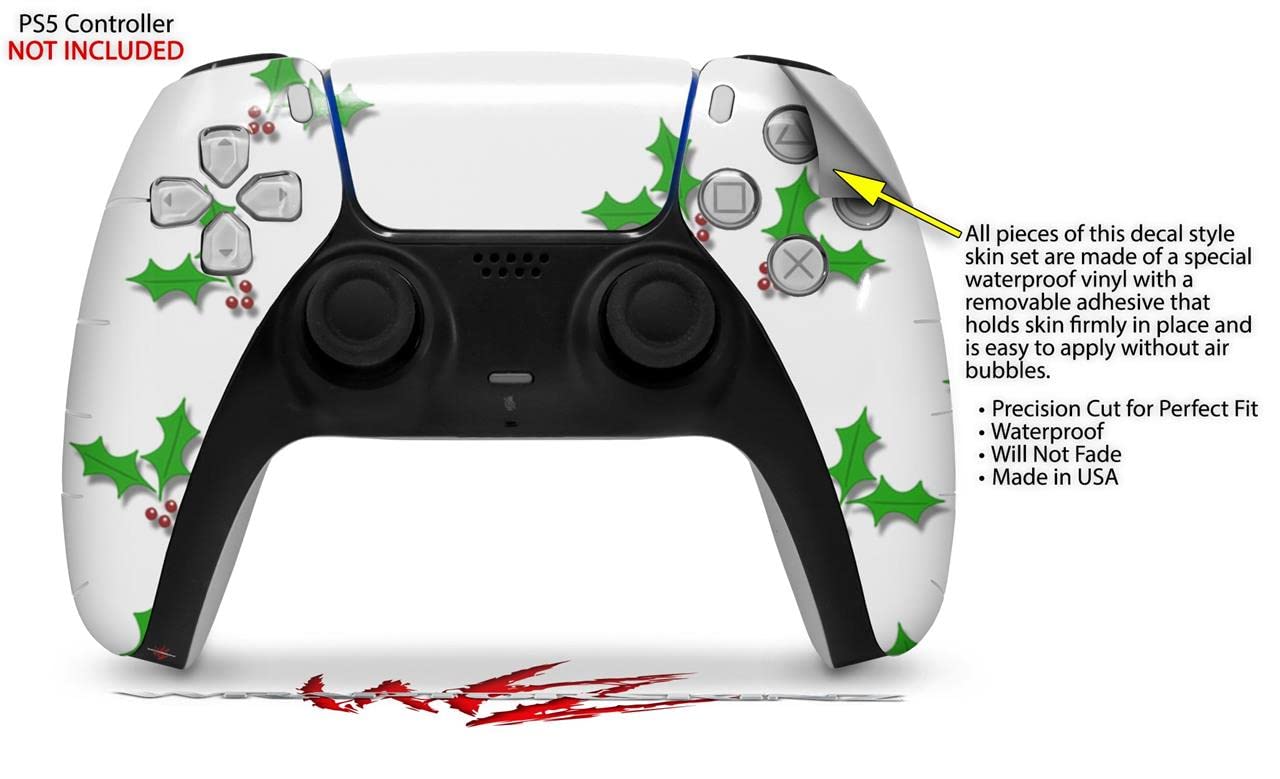 WraptorSkinz Skin Wrap compatible with Sony PS5 DualSense Controller Christmas Holly Leaves on White (CONTROLLER NOT INCLUDED)