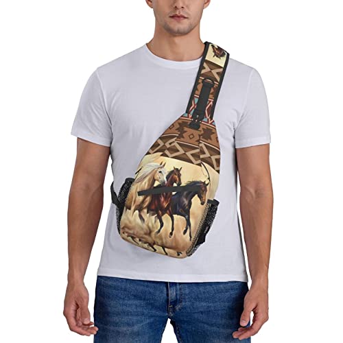 Horse Pattern Sling Bag Crossbody Backpack,Aztec Boho Ethnic Style Western Horse Chest Bag Three Horses Run In Desert Sandstorm Adjustable Shoulder Backpack Travel Hiking Casual Daypack For Men Women