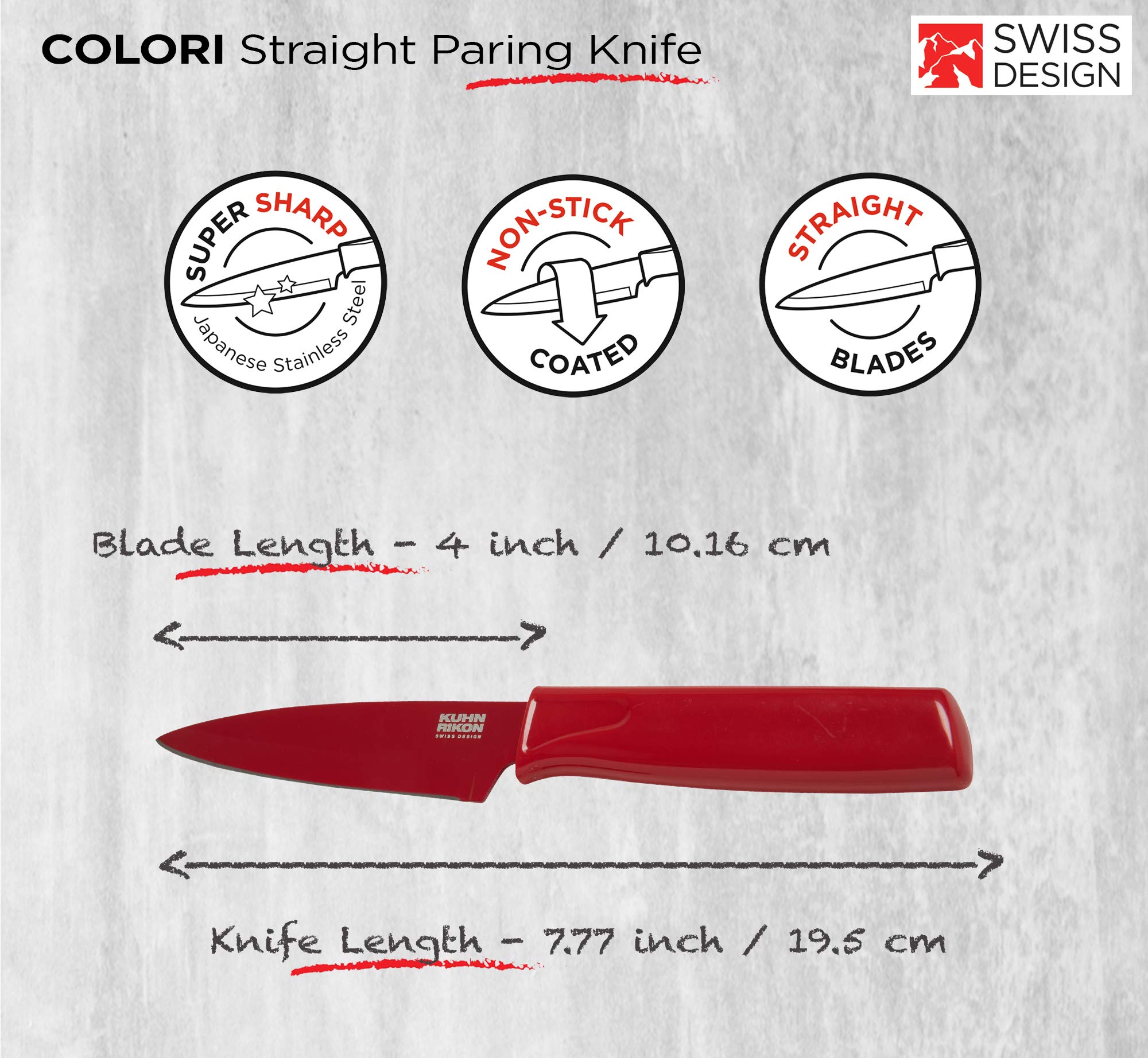 KUHN RIKON COLORI Non-Stick Straight Paring Knife with Safety Sheath, 4 inch/10.16 cm Blade, Red