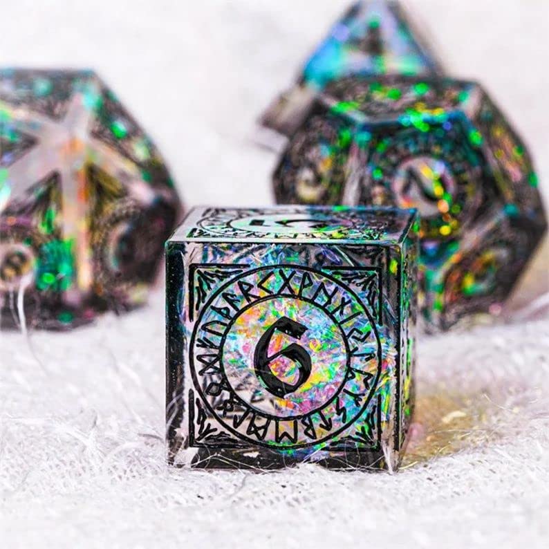 Clear Ancient Rune Wizard Sharp DND Dice Set with Leather Dice Box | for Dungeons and Dragons, D&D, Sharp Edge, D20 Polyhedral Resin Dice, Dungeons and Dragons Gifts, Accessories