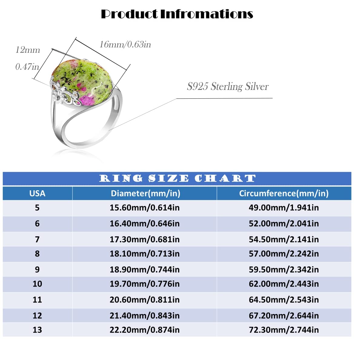 DALEGEM Natural Oval Green Epidote Quartz Crystal Jade Jasper Stone Ring for Women ,S925 Sterling Silver Edged with Flower Vine Oval Thick Natural Genuine Color Colorful Quartz Crystal Gemstone Engagement Wedding Turkish Turkey Stone Ring Jewelry (Ring_B,