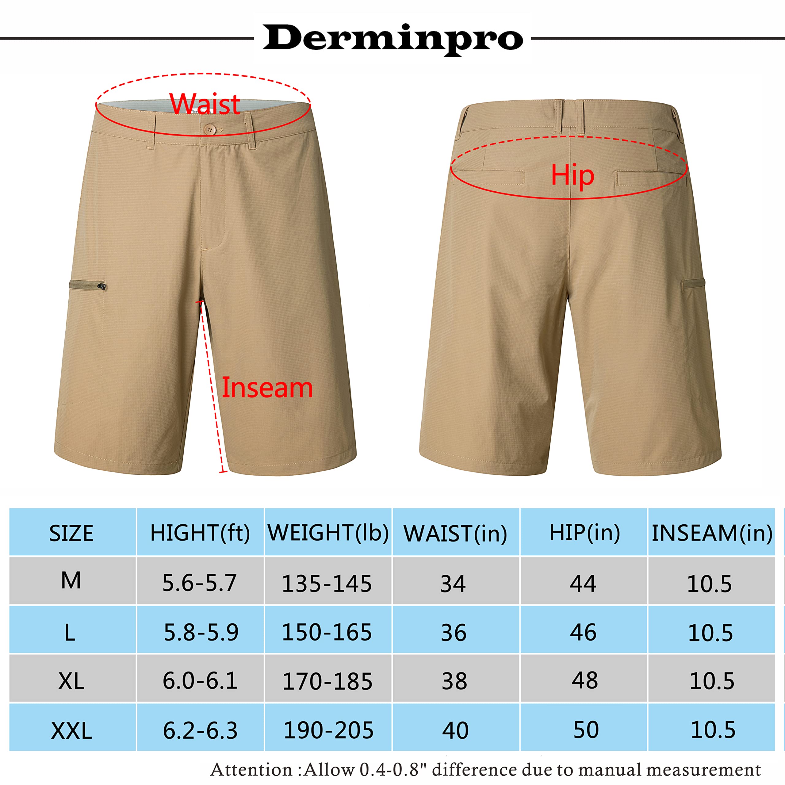 Derminpro Men's Waterproof Quick Dry Pocketed Stretch Zip Pockets Hiking Shorts Black Large