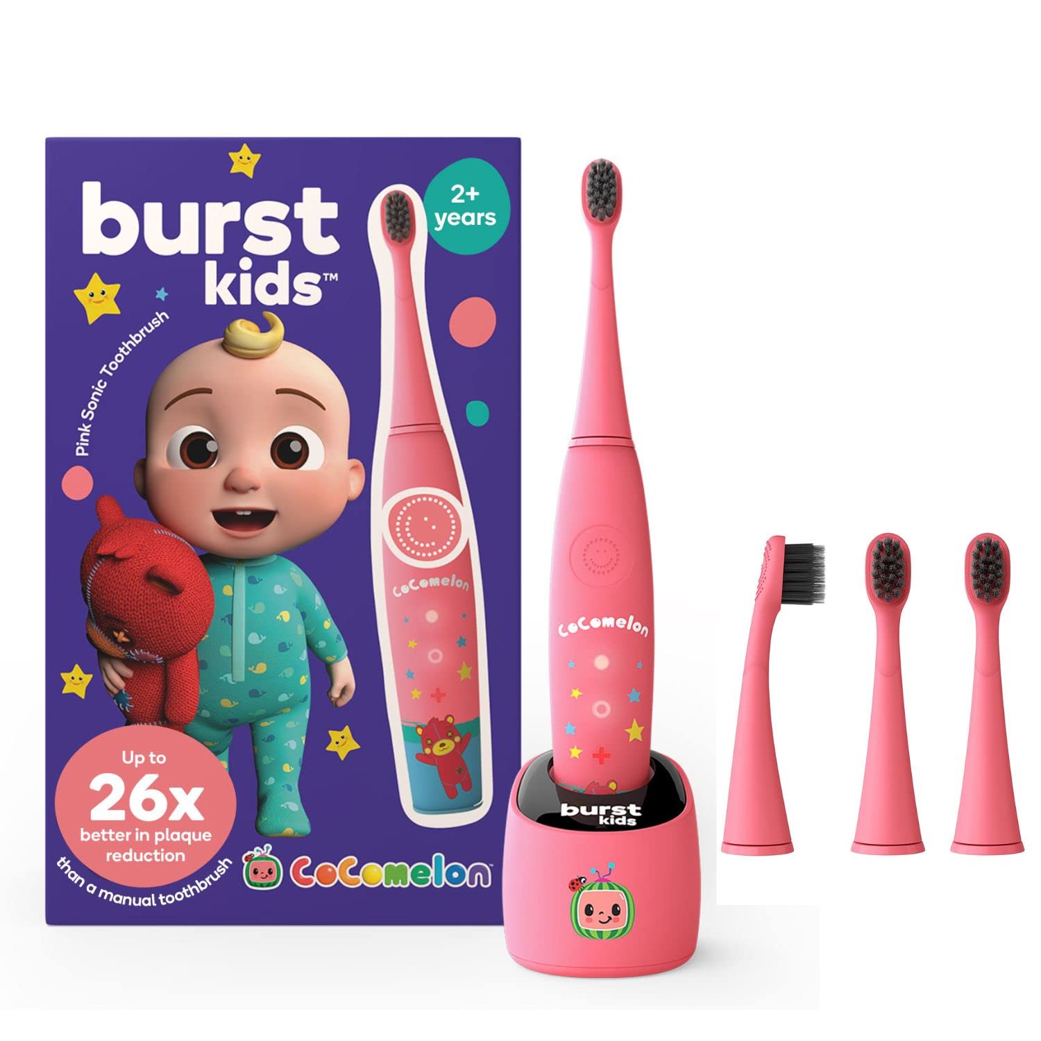 CoComelon x BURSTkids Kids Electric Toothbrush Bundle with 4 Replacement Heads - Soft Bristle Kid & Toddler Toothbrush, Ages 2+ - JJ Pink