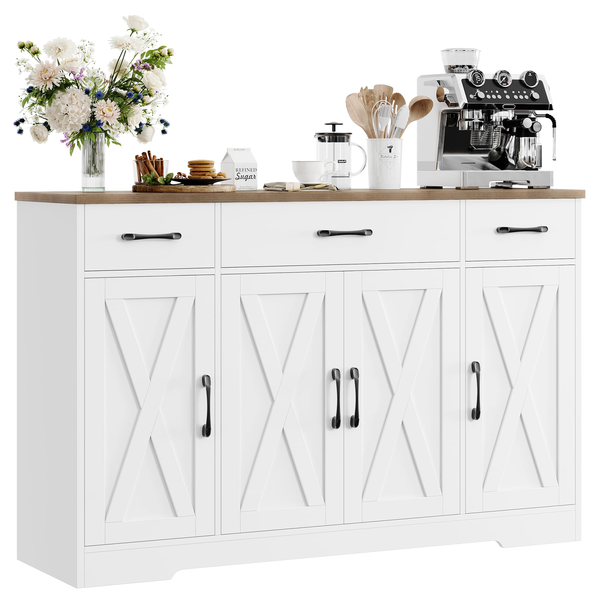 HOSTACK Buffet Cabinet with Drawers, 55" Large Sideboard Buffet Storage Cabinet with Shelves and Doors, Modern Farmhouse Coffee Bar Cabinet Wood Buffet Table for Kitchen, Dining Room, White/Rustic