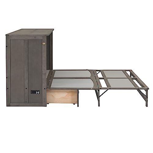 Murphy Bed with Drawer and Shelves.Space-Saving Bed Frame with Charging Station for Bedroom, No Box Spring Needed (Antique Gray, Queen (U.S. Standard))