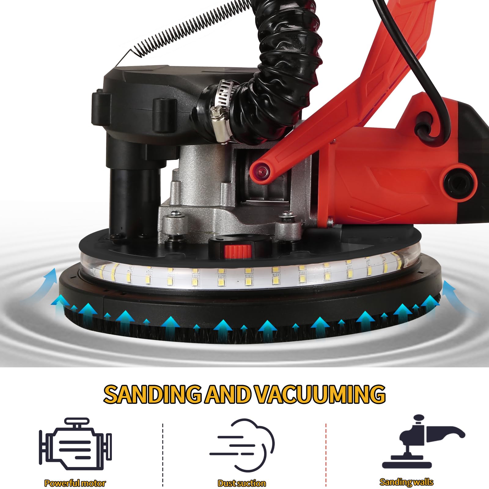 Drywall Sander with Vacuum, 950W High Power Foldable Popcorn Ceiling Removal Tool, 7-Speed Variable, 900-2600RPM, with LED Light and 12 Grinding Wheels, Retractable Handle, for Sanding Walls, Floors