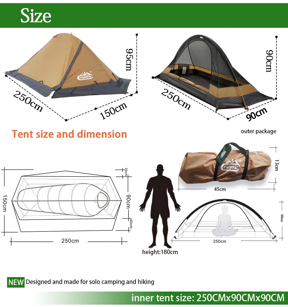 camppal 1 Person Tent Backpacking Camping Hiking Mountain Hunting Tent Lightweight and Waterproof for 4 Season Extreme Space Saving Single Bracket (Khaki-with skirt)