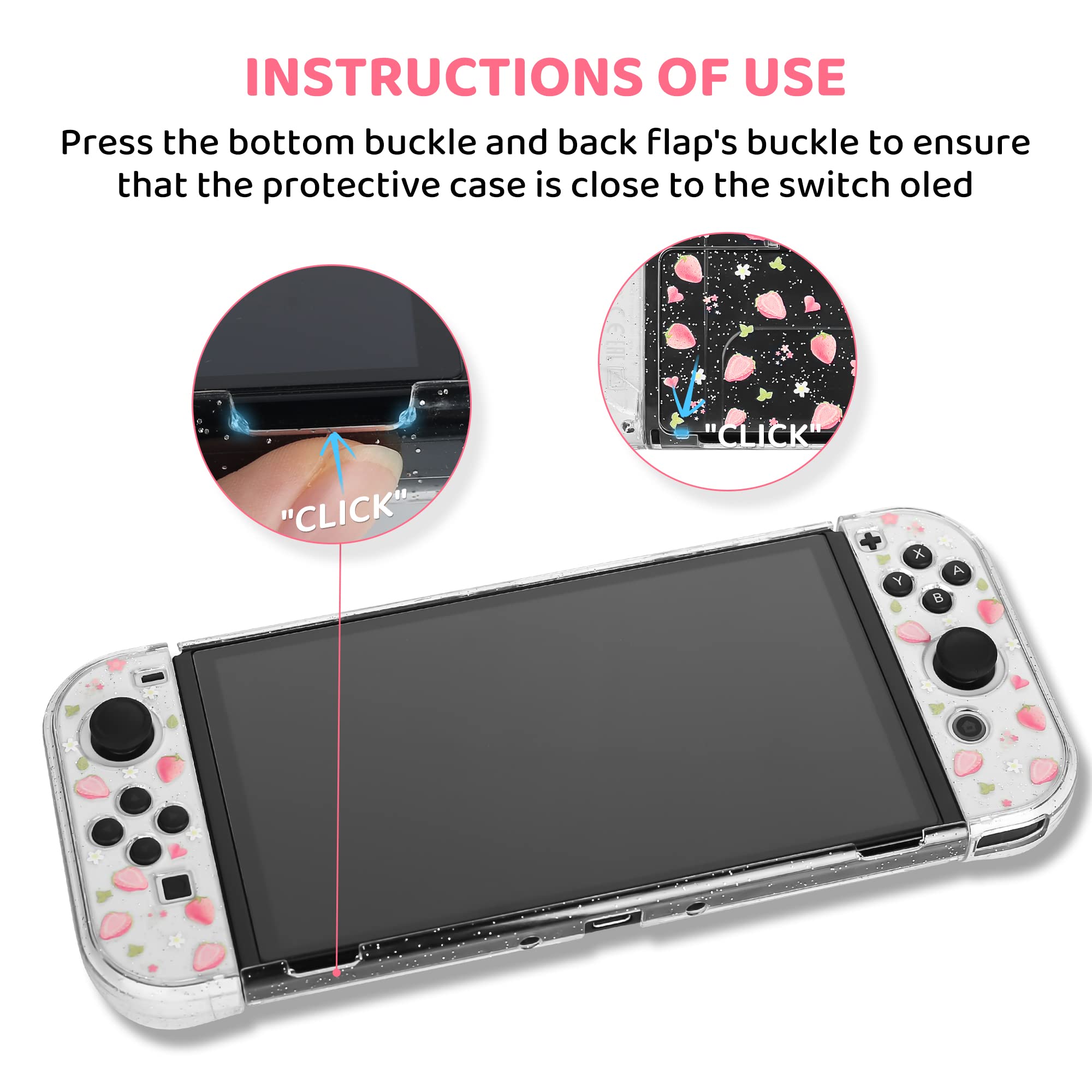 Crystal Case for Nintendo Switch OLED, FANPL Cute Protective Cover Compatible with Switch OLED, Kawaii PC Shell Accessories for Girls with 4 Thumb Caps and Screen Protector - Glitter Pink Strawberry