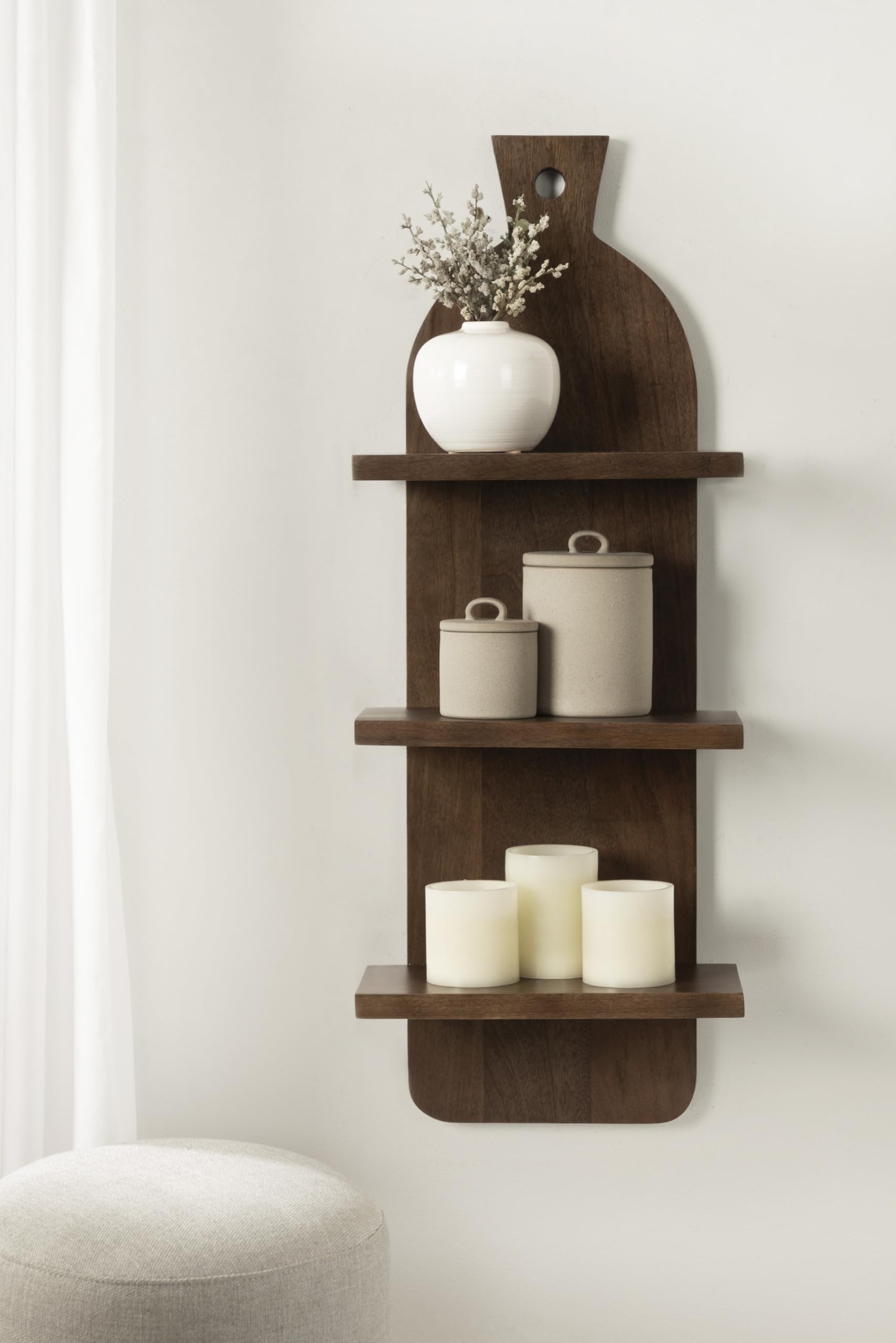Kate and Laurel Braxton Modern Farmhouse Three-Tier Wall Shelf, 12 x 7 x 32, Natural Brown, Transitional Tiered Wood Display Shelf for Kitchen Spice Rack