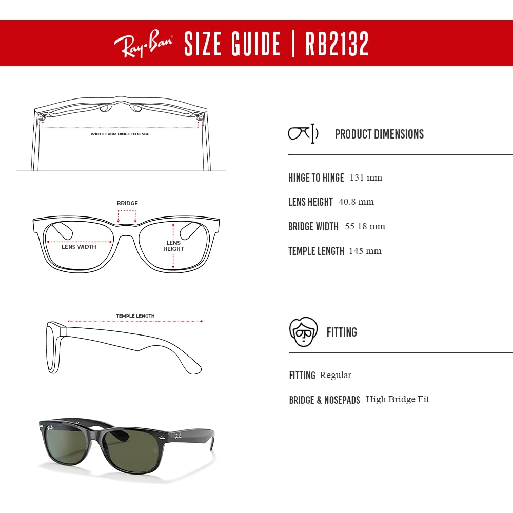 Ray-Ban RB2132 NEW WAYFARER Square Sunglasses For Men For Women + BUNDLE with Designer iWear Eyewear Kit (Black/Crystal Lens Clear Blue)