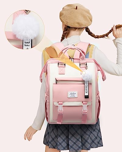 LOVEVOOK Laptop Backpack for Women,15.6 Inch College Backpack,Light Weight Travel Backpack Waterproof Casual Daypack Computer Backpack fits Travel Work Casual(15.6 inch,Pink&Beige)