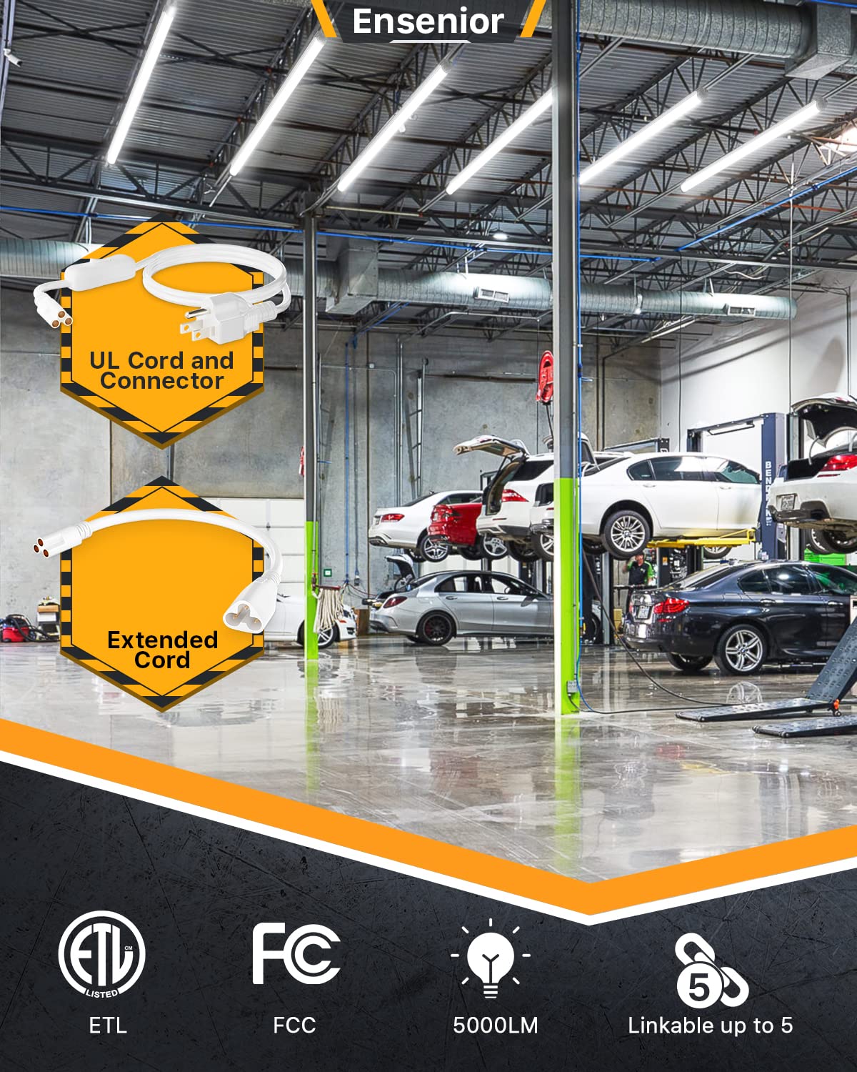 Ensenior 6 Pack 4 FT Led Shop Lights, 6000K Clear White, 5000LM Super Bright, 36W Equivalency 468W, Commercial Bay Lighting, U-Shaped Linkable Shop Lights Plug in for Garage, Workshop, FCC Certified