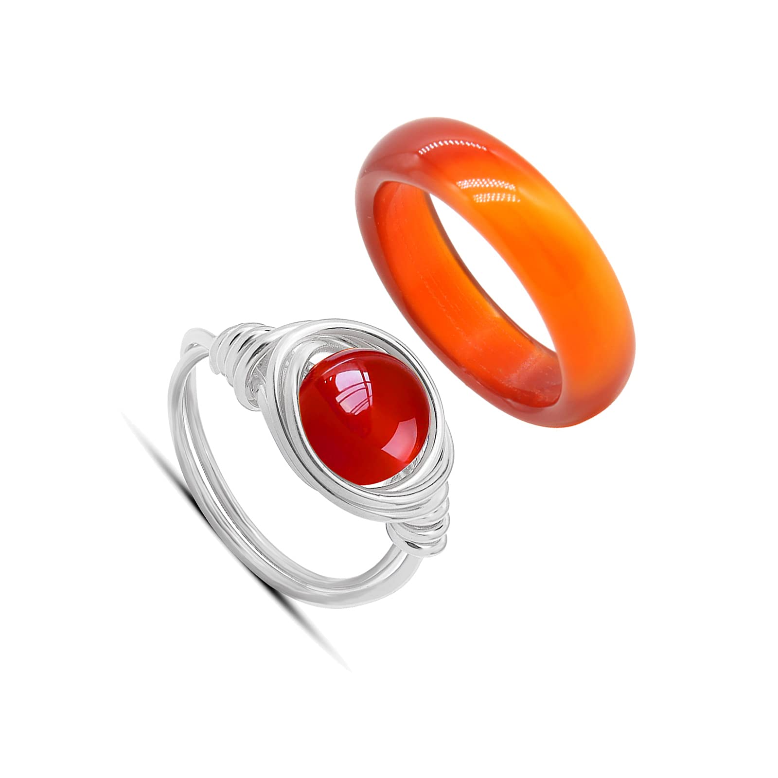 CJIAYUJEW Natural Carnelian Crystal Rings,2PCS Carnelian Gemstone Band Healing Ring for Women Carnelian Smooth Round Donut Ring (Silver&Red, 9)