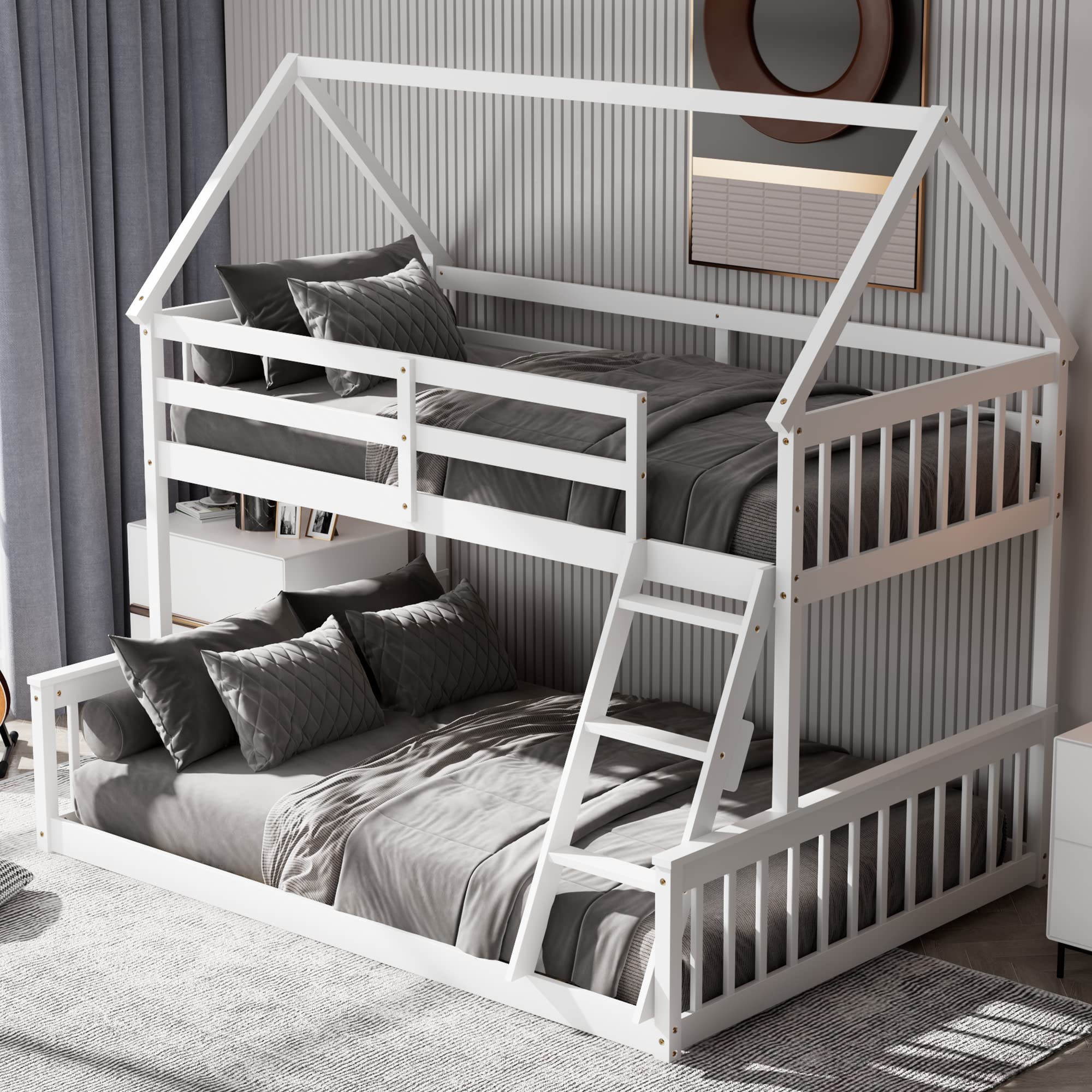 KOMFOTT Wood Twin Over Full House Bunk Bed with Built in Ladder, Solid Pine Wood Bunk Bed Frame with Safety Guardrails, House Bunk Bed Frame for Kids, Teens, Juniors, No Box Spring Needed (White)