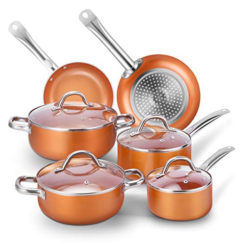 Copper Pots and Pans Set Nonstick 10-Piece Ceramic Cookware Set, Stainless Steel Handles, Dishwasher & Oven Safe, PFOA/PFAS-Free, Orange