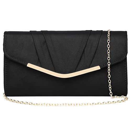 DETARA Women Evening Bag Suede Pleated Clutch Purse Envelope Clutches Wedding Party Bridal Purse (Black)