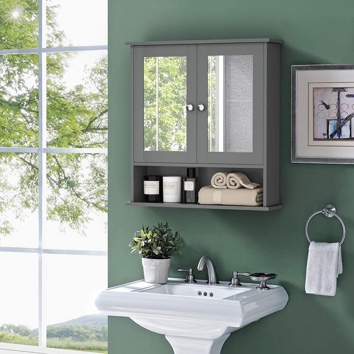 Salches Wall Mounted Bathroom 2 Mirrored Doors, Over-Toilet Hanging w/Shelves, Wooden Storage Organizer Medicine Cabinets, Grey
