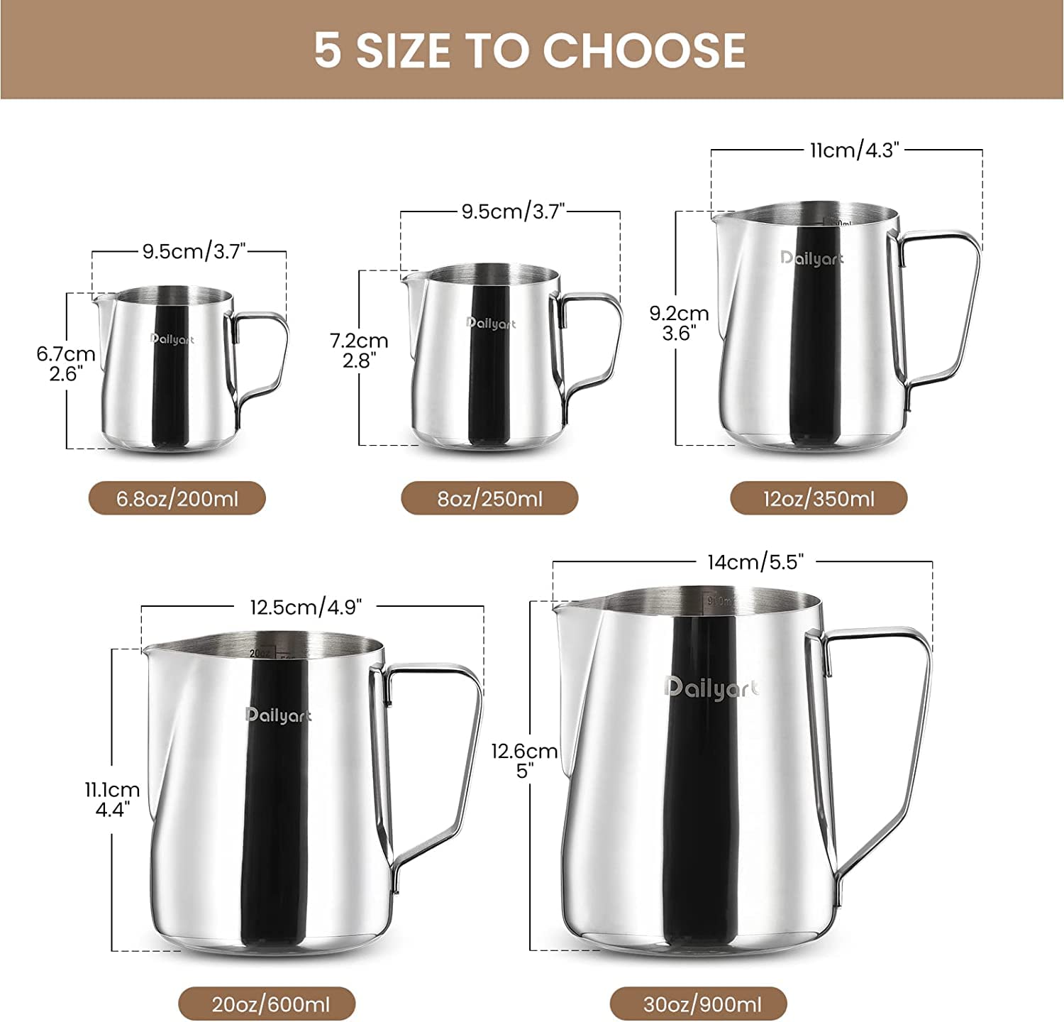 Dailyart Milk Frothing Pitcher 8 Oz/250ml - 304 Stainless Steel Milk Frother Cup with Special Dripless Spout and Scale, Espresso Machine Accessories, Milk Steaming Pitcher for Cappuccino, Latte Art