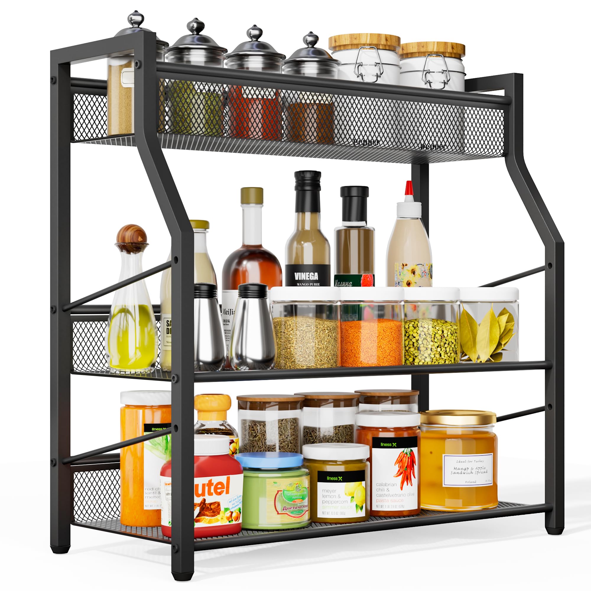 Dunatou 3 Tier Spice Rack, Kitchen Storage Organizer Shelf for Countertop, Metal Seasoning Storage Shelf with Guardrail and Mesh Design for Kitchen, Countertop, Dining Room, Black