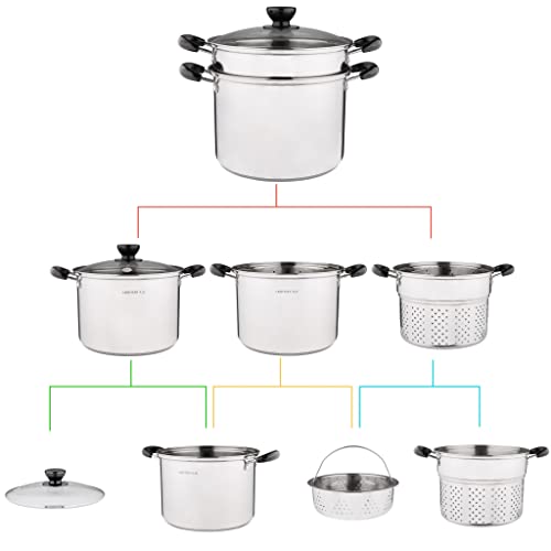 Lake Tian Stainless Steel Pasta Pot With Strainer Insert 4pc 10 Quart, Steamer for cooking, Spaghetti Pot, Stock & Pasta Pots Multipots, Steamer Set With Basket With Lid, Induction Compatible