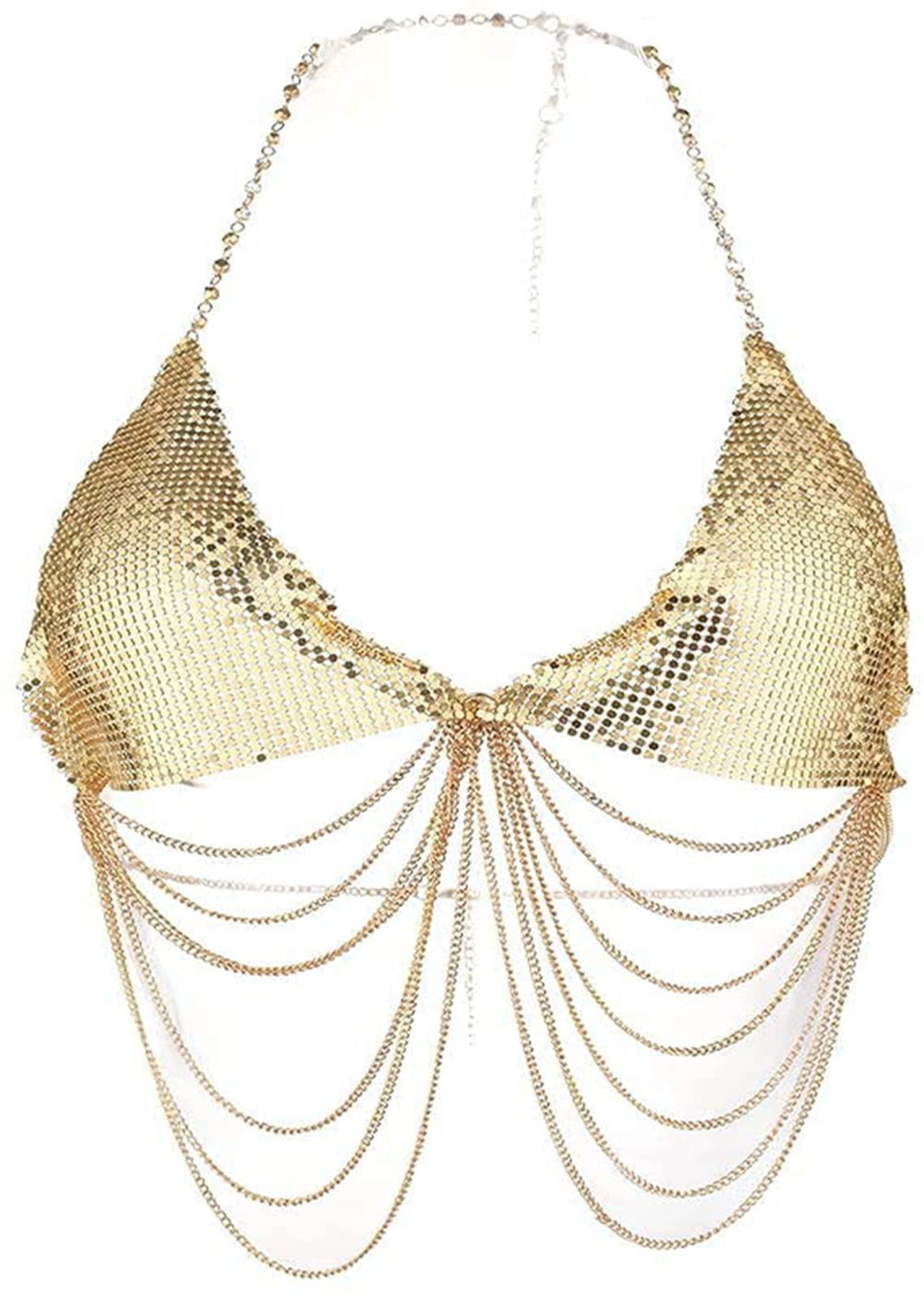 Crystal Sequins Body Chains Tassel Bra Crop Top Beach Bikini Rave Dance Belly Necklace Strap Backless Chain Halter Party for Women Girls