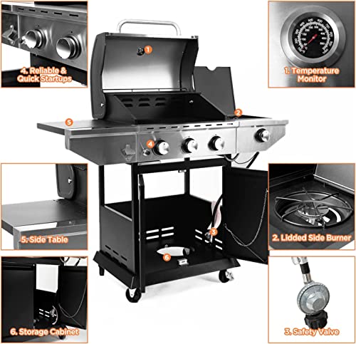 Endark Propane Gas Grill 3-Burner Gas Grill with Side Burner and Porcelain-Enameled Cast Iron Grates 33950BTU for Outdoor Cabinet Style Patio Garden BBQ, Camping