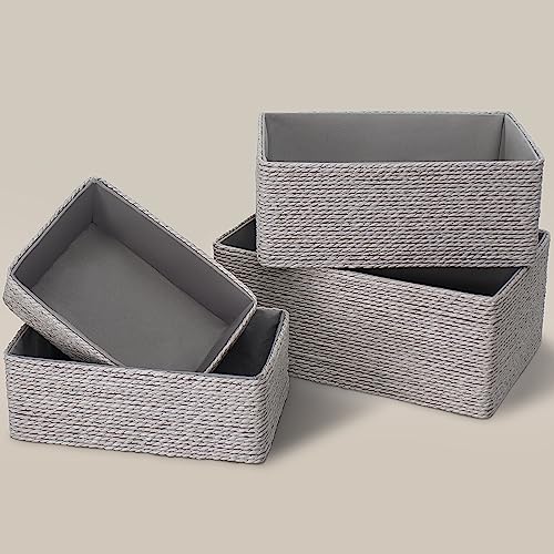 Recycled Wicker Storage Basket, Paper Rope Storage Baskets for Organizing Container Bins for Shelves Cupboards Drawer, Small Woven Basket Set of 4