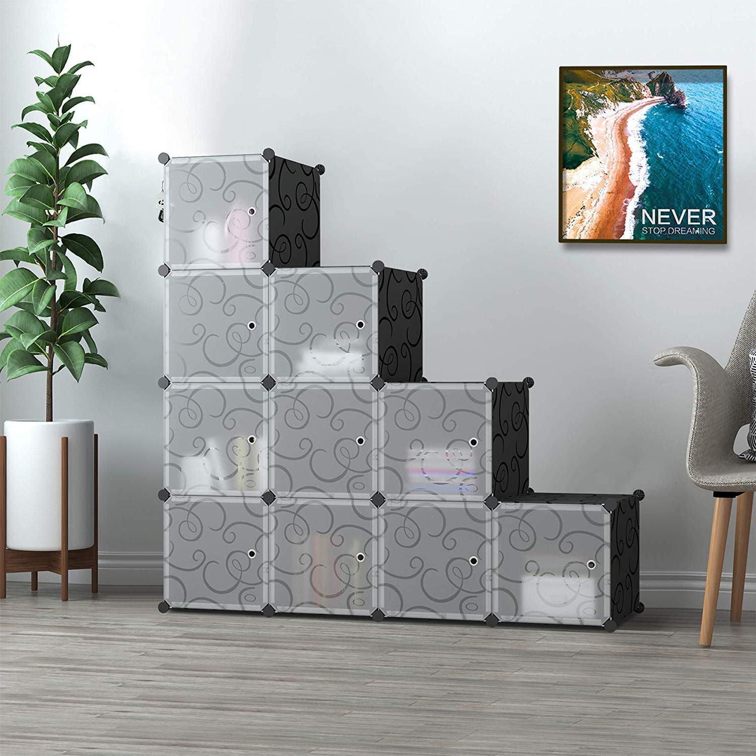C&AHOME Cube Storage with Doors, 12-Cube Storage Organizer, Plastic Closet Cabinet, Modular Book Shelving Units, Storage Shelves, Ideal for Bedroom, Home, Office 36.6”L x 12.4”W x 48.4”H Black