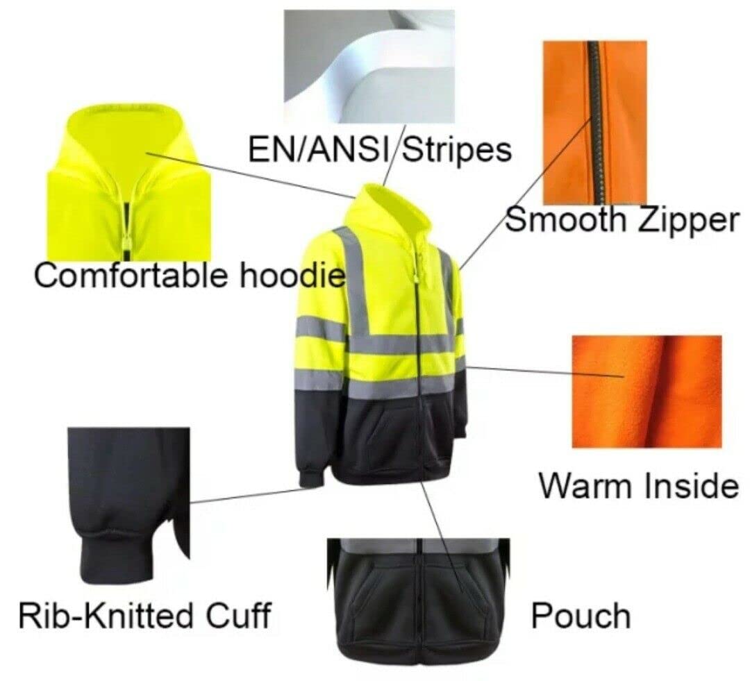 Exgreem High Visibility Hi Vis Hoodies Class 3 Safety Hooded Fleece Lined Sweatshirt (as1, alpha, xx_l, regular, regular, Black, XXL)