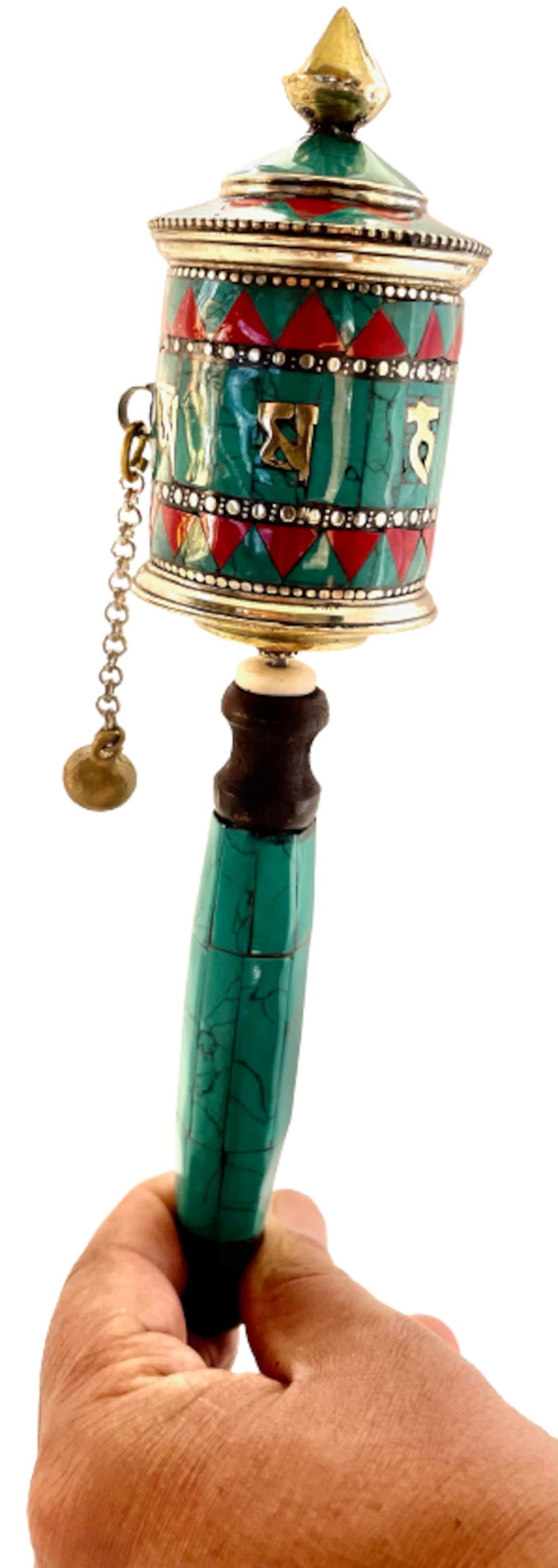 QT S Buddhist Copper & Stone Set Hand-Held Prayer Wheel - Hand carved 9 Inch with Authentic Wooden Handle Made in Buddha Born Country, Nepal