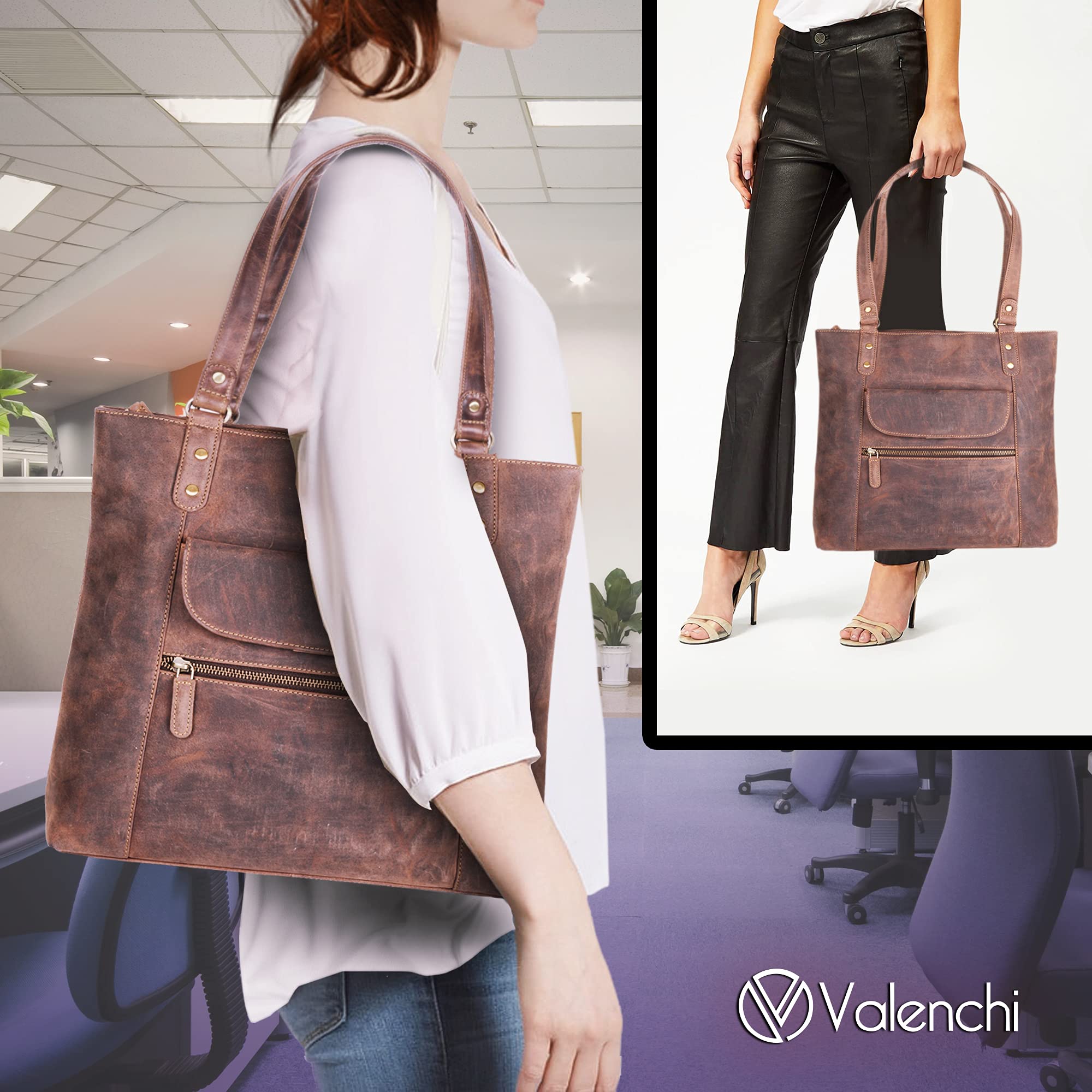 VALENCHI-Leather Shoulder Bag with Front and Back Zipper pocket with Large storage capacity (Brown Vintage)