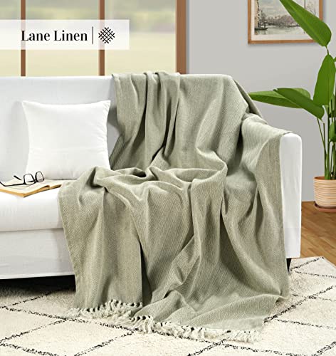 LANE LINEN Super Soft Throw Blanket for Couch & Bed - Classic Herringbone Weave with Tassel Cotton Lightweight Breathable Durable Cozy Warm β Pack of 2 50βx70β Sage Green