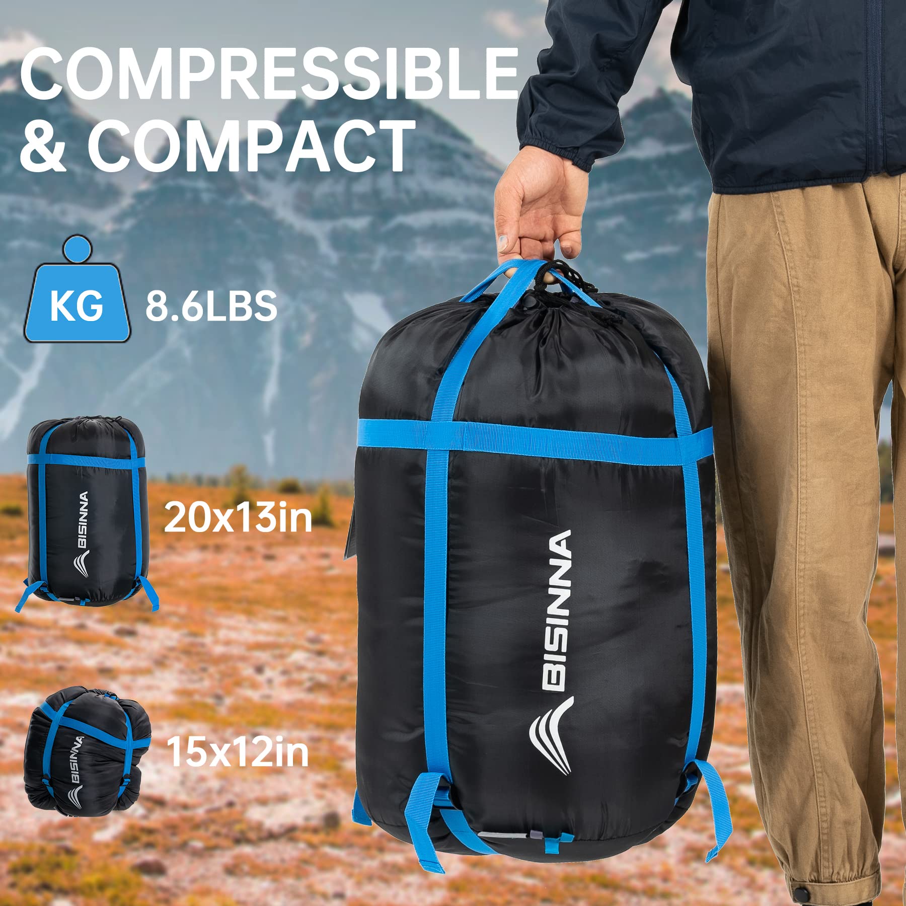 BISINNA Double Sleeping Bag for Adults & Kids 2 Person Sleeping Bag with 2 Pilows for Backpacking Camping Hiking Queen Size XL Waterproof Cold Weather Warm - 4 Seasons…