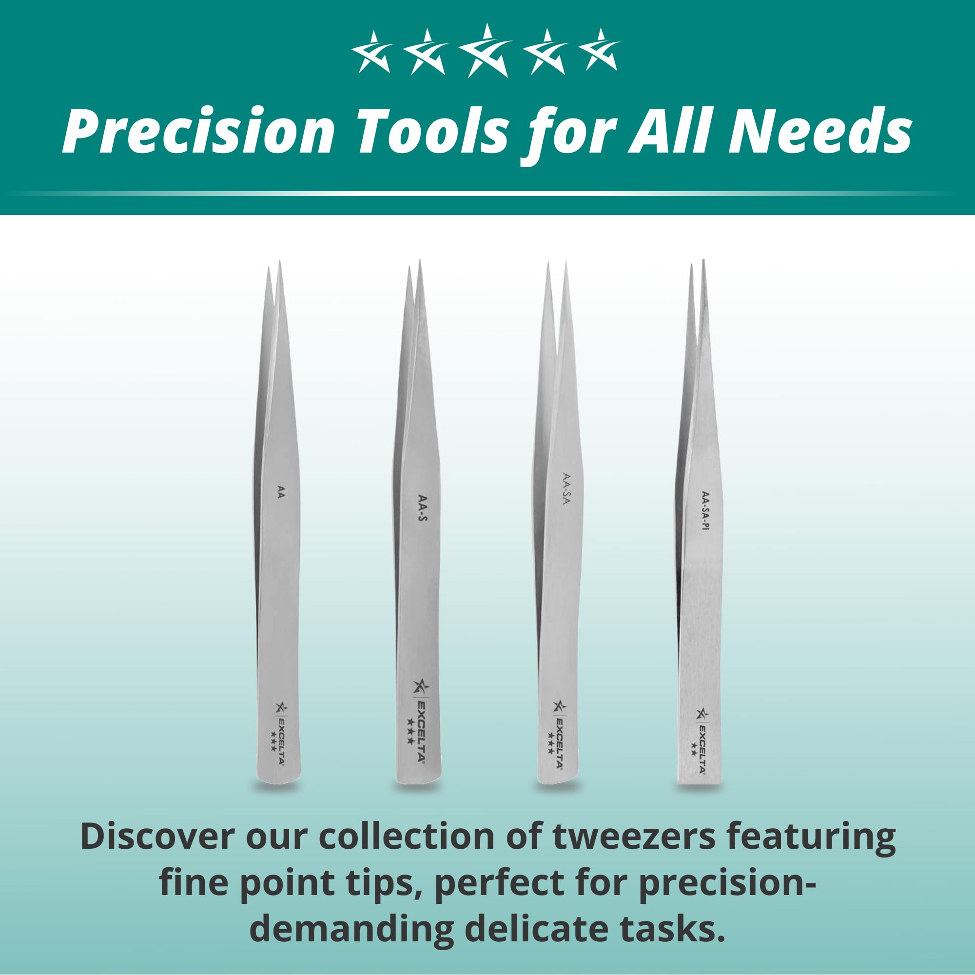Excelta Straight Medium Point Tweezers, Anti-Magnetic Stainless Steel, Ideal for General Purpose Use, 5” Length, Intermediate