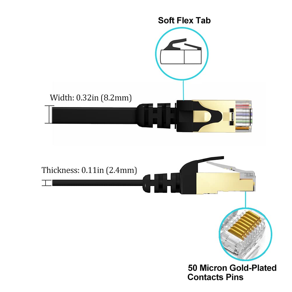 Cat 8 Ethernet Cable 100 FT Black - 40 Gbps High Speed Flat Internet Network Computer Patch Cord with Gold Plated Rj45 Connectors - Faster Than Cat7 Cat6 Network Cable - 100 Feet Black