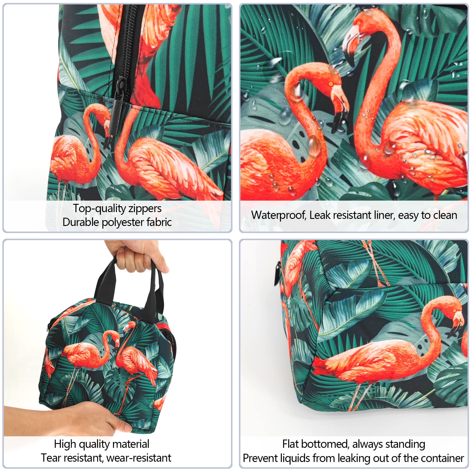 Docsckus Insulated Lunch Bag Water-resistant Cooler Tote Box with Zipper for Women Work Picnic Travel Pink Flamingo Palm