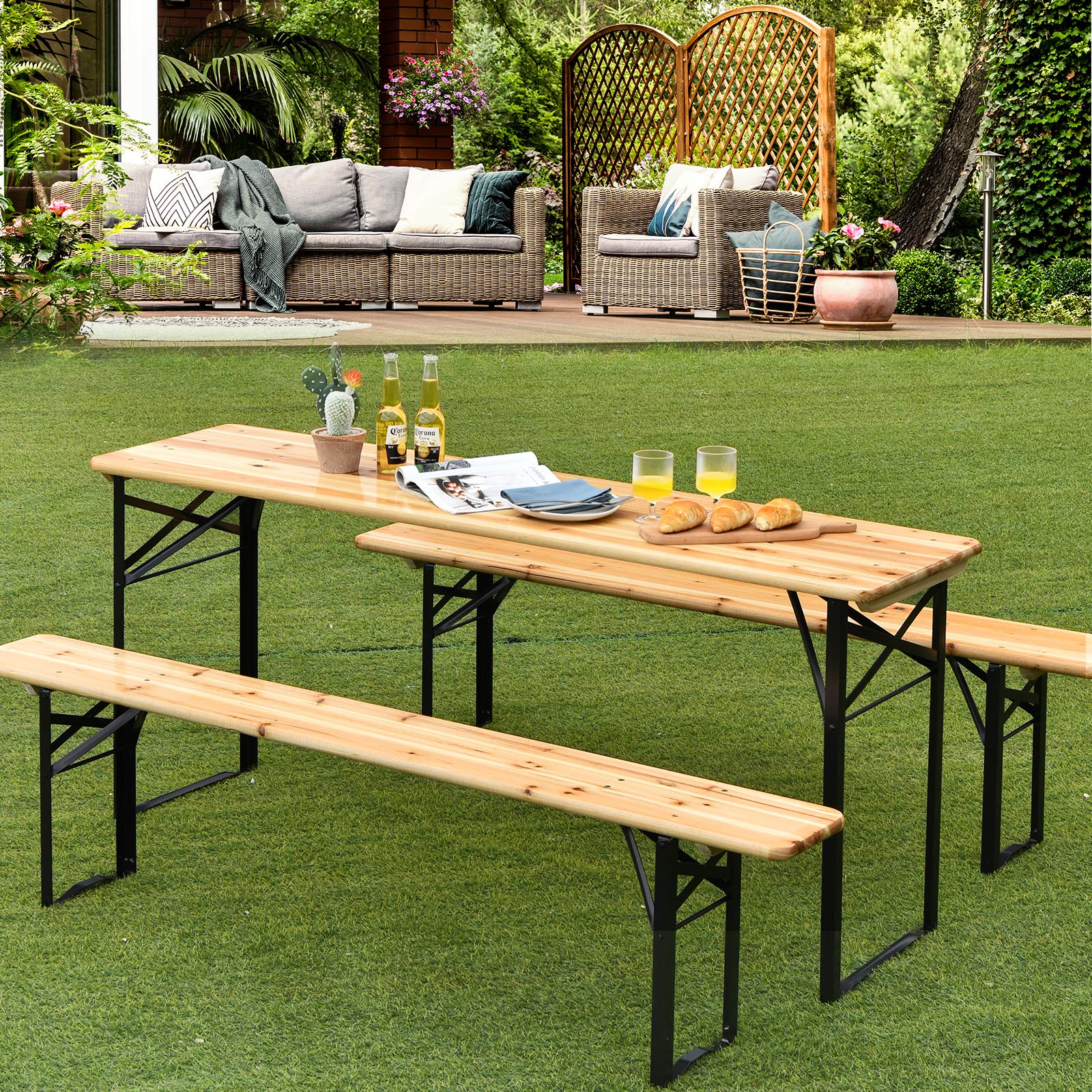 LDAILY Moccha 3 Pieces Fir Wood Dining Set Furniture, 70” Rustic Patio Wooden Table and Benches for Garden Porch Balcony Deck, Foldable Camping Party Picnic Table Set