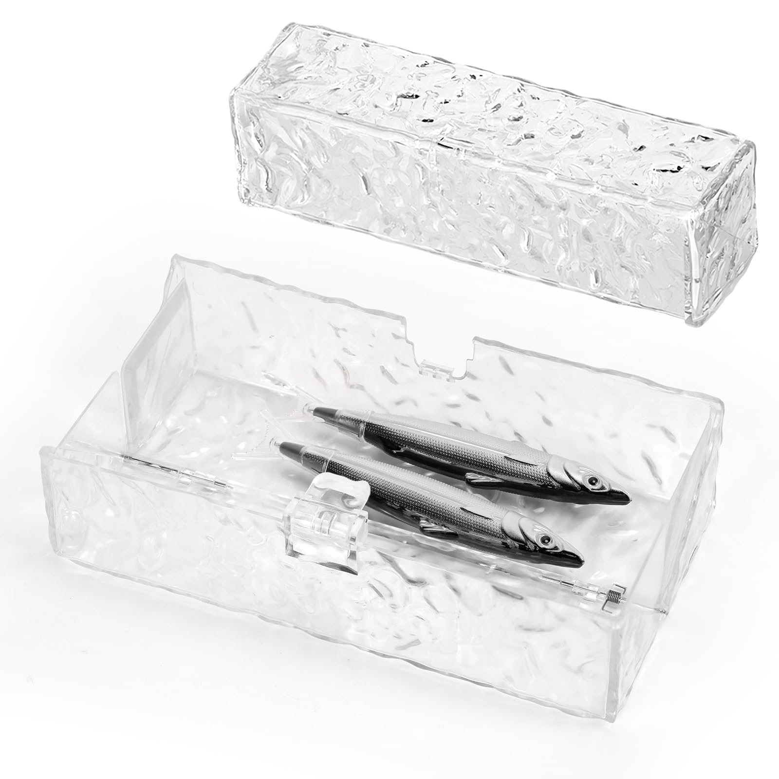elephtree Glacier Pencil Case,Large Capacity Plastic Pencil Case Organizer Translucent Multi Functional Automatic Push Buttons Pencil Box Sketching Storage Box with 2 Pieces Cute Fish Pens