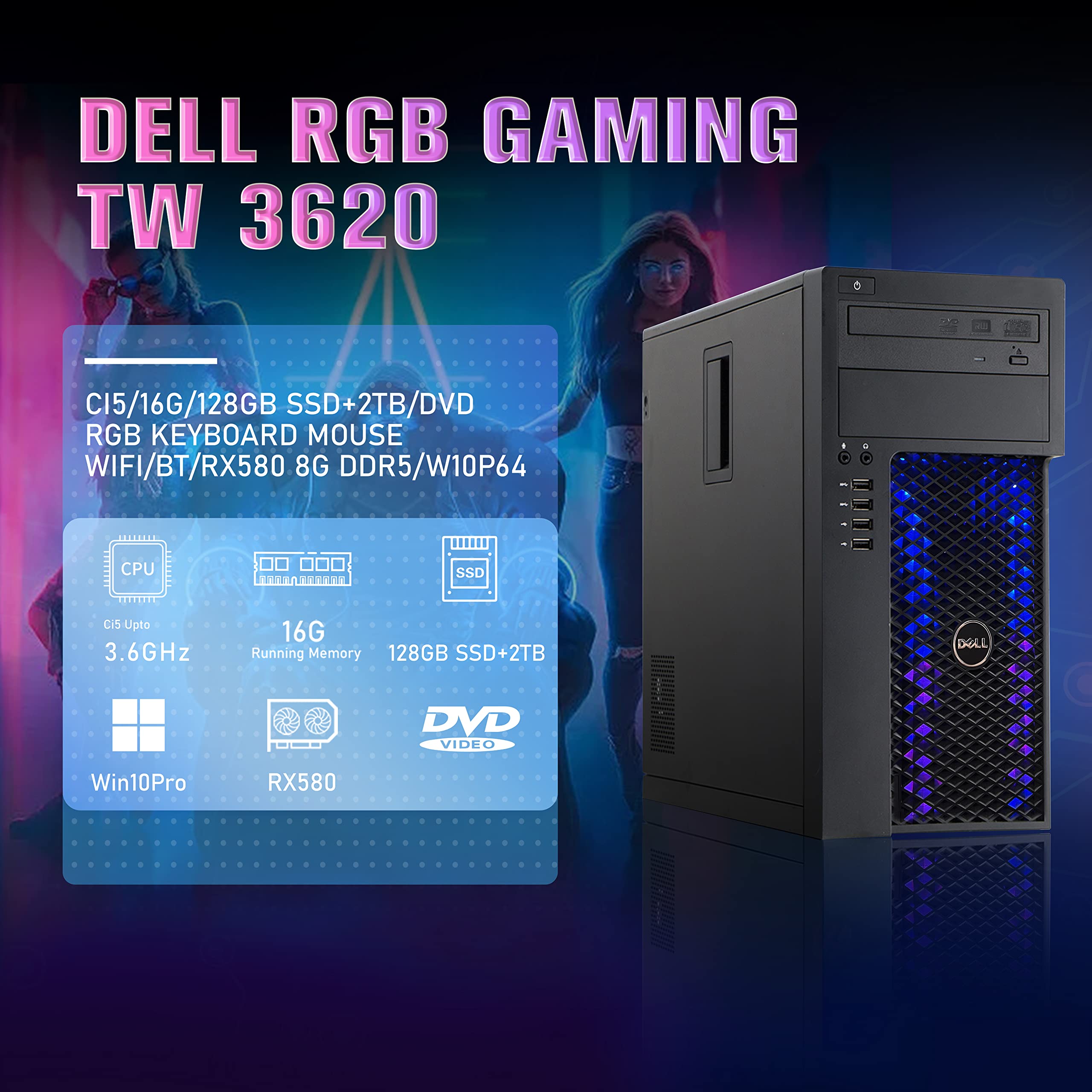 Dell RGB Gaming Desktop PC, Intel Quad I5 up to 3.6GHz, 16GB RAM, Radeon RX 580 8G GDDR5, 128G SSD + 2TB, WiFi & Bluetooth, RGB Keyboard & Mouse, Win 10 Pro (Renewed)