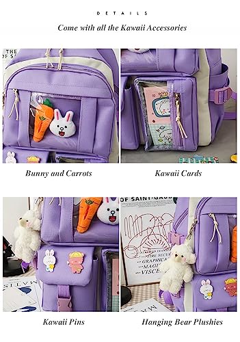 JHTPSLR Kawaii Backpack Set of 5 with Pins and Accessories Bunny and Carrot Plushies Cute Aesthetic Display Window Backpack Set (Blue)