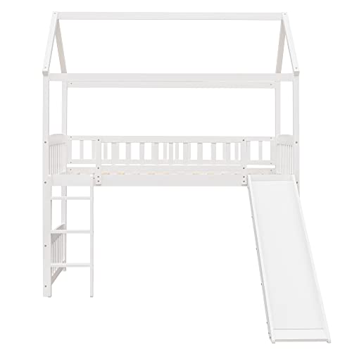 Merax House Loft Bunk Bed Frames with Slide No Box Spring Needed for Teens, Girls or Boys