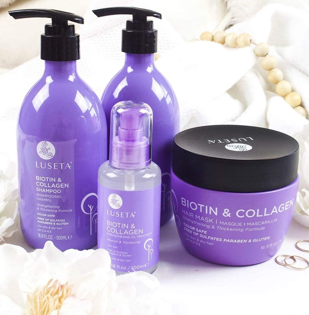 Luseta Biotin & Collagen Hair Growth Set: 16.9oz Shampoo, 16.9oz Conditioner, 3.38oz Serum, and 16.9oz Mask