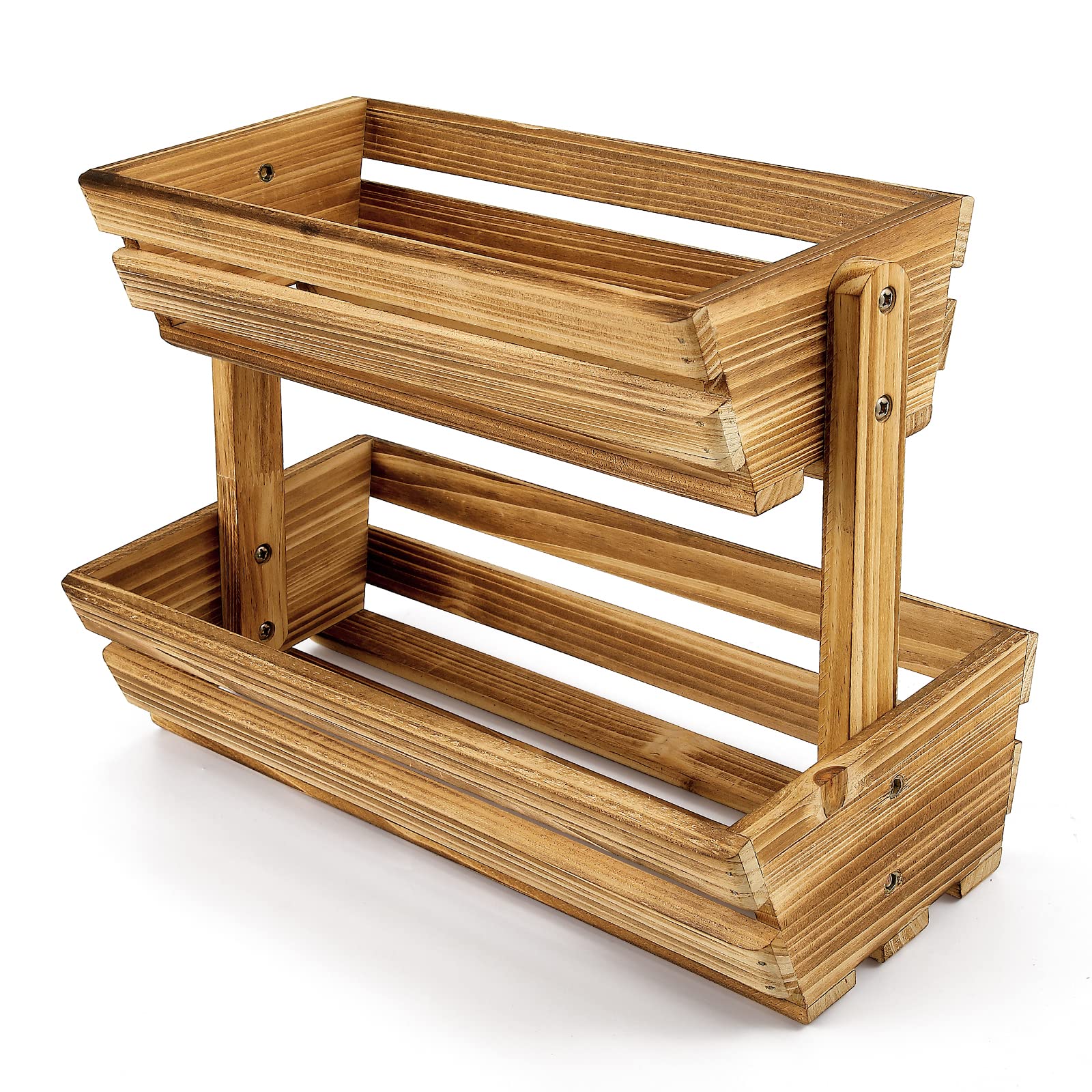 CALM COZY 2-Tier Wooden Fruit Basket, Farmhouse Fruit Basket Counter Top Organizing for Kitchen, Vegetable Stand Bread Racks Produce Basket, Classic Wood Color