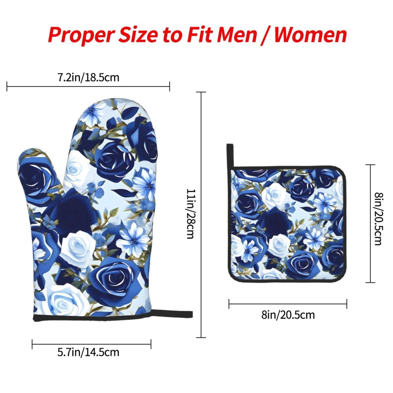 Blue Flower Floral Pattern Roses Oven Mitts and Pot Holders Set–Ultimate Heat Resistant Set for Kitchen and Dining