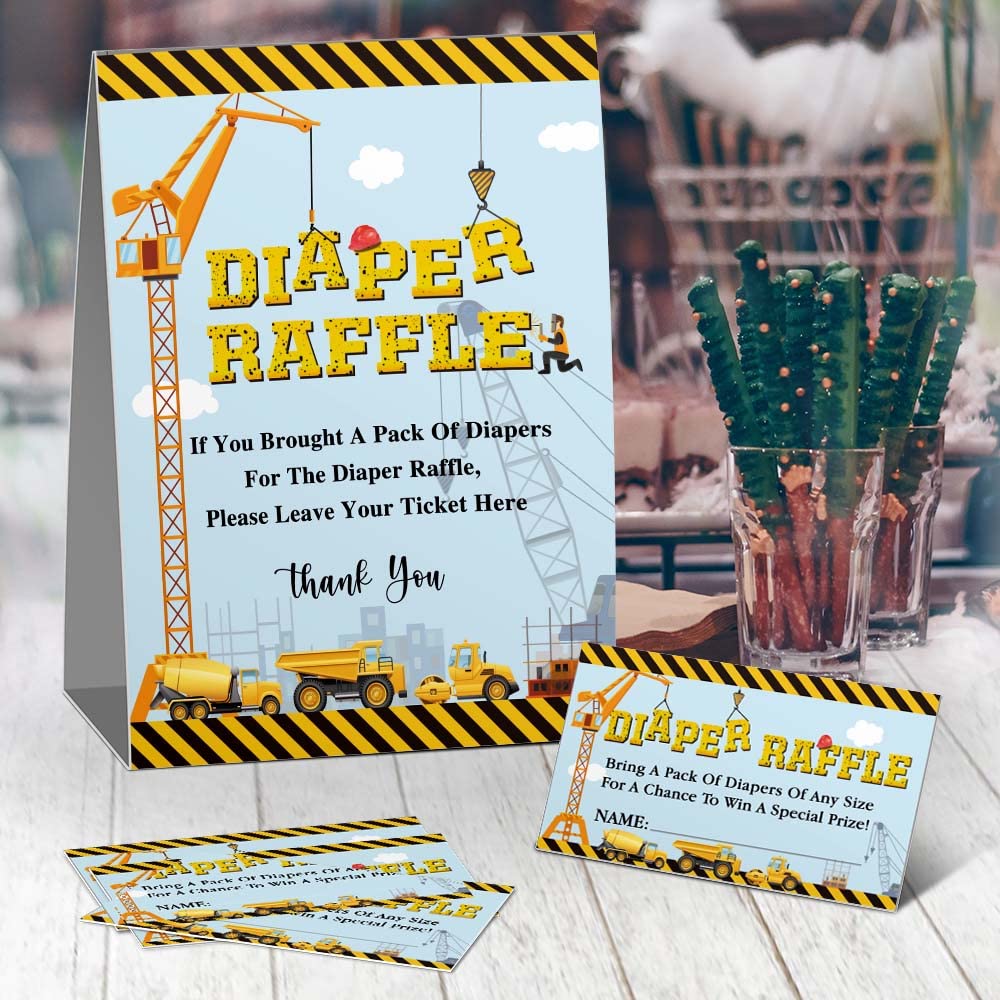 Diaper Raffle Sign, Diaper Raffle Baby Shower Game Kit (1 Standing Sign + 50 Guessing Cards), Construction Theme Insert Ticket,Baby Showers Decorations
